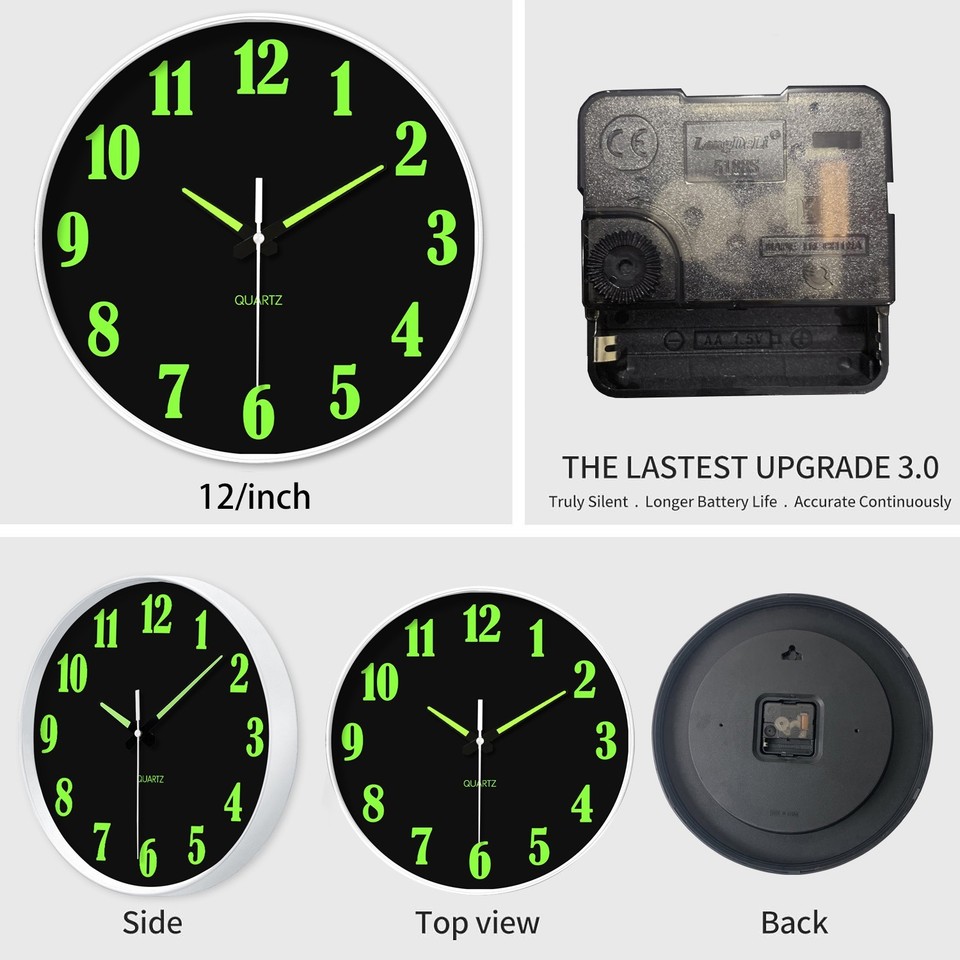 Black plastic luminous wall clock, battery powered, round, silent ...