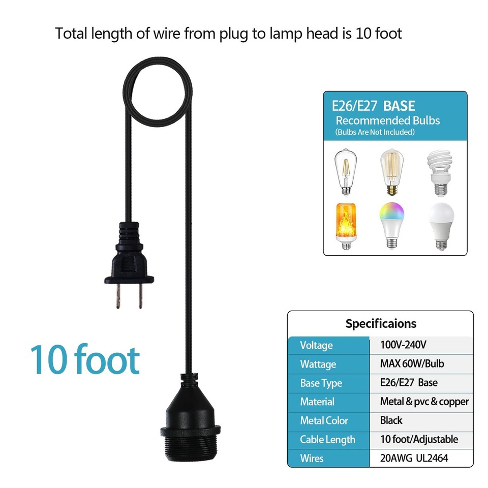 10Foot With Wire Electric Light Socket Waterproof Plug Light Outdoor ...
