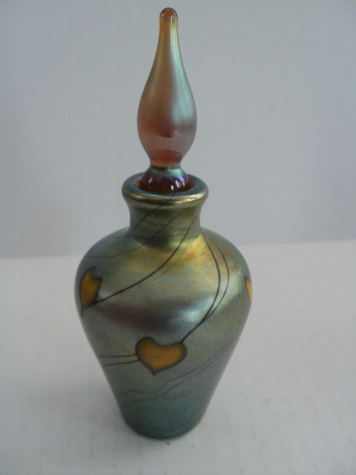 GORGEOUS CONTEMPORARY IRIDESCENT GREEN - GOLD ART GLASS PERFUME BOTTLE ...