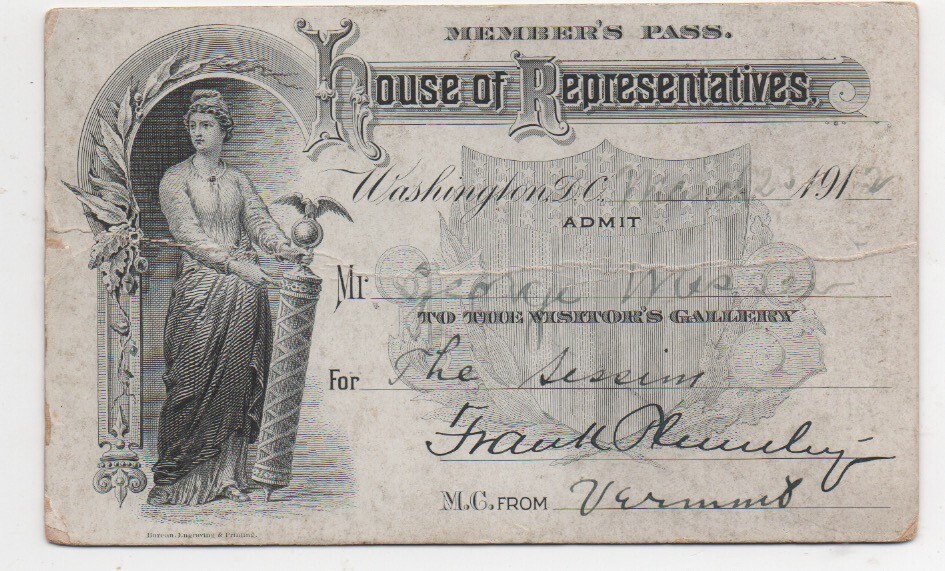 1912 House of Representatives Engraved Members Pass Washington | eBay