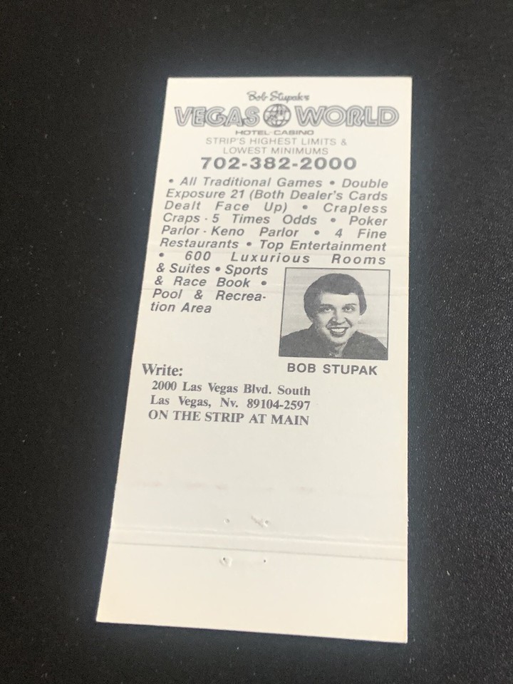 Vintage Nevada Ephemera Matchbook: “Bob Stupak’s Vegas World Casino ...