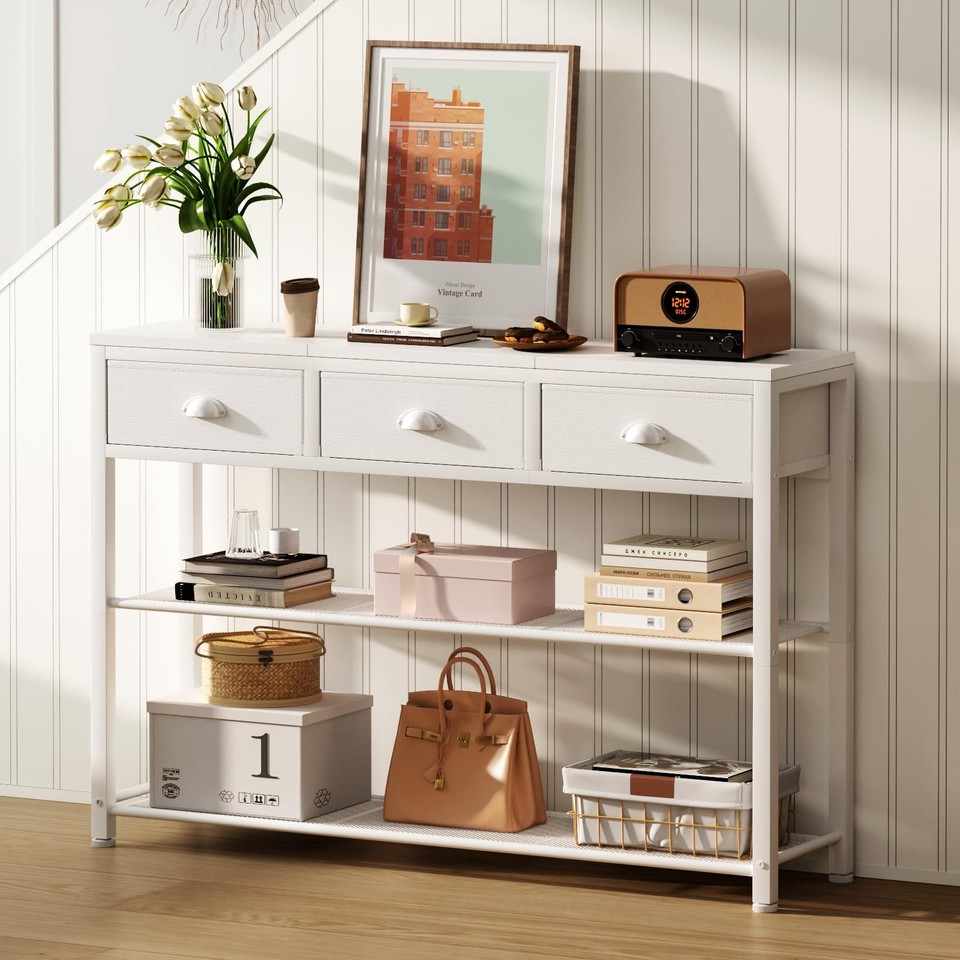 Furologee White Entryway Table, 38 Console Sofa Table with 3 Fabric ...