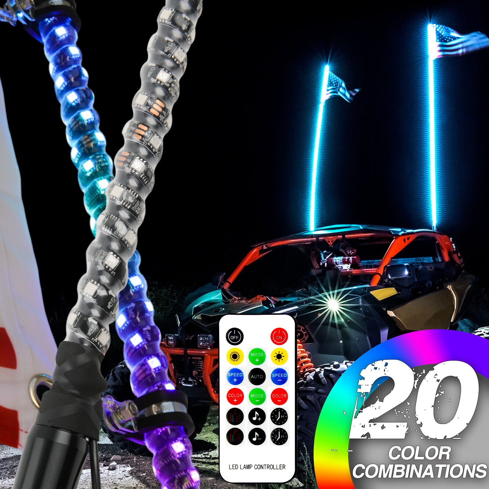 3FT LED Whip Lights Spiral Chase RGB and 10 Rock Lights For ATV UTV ...