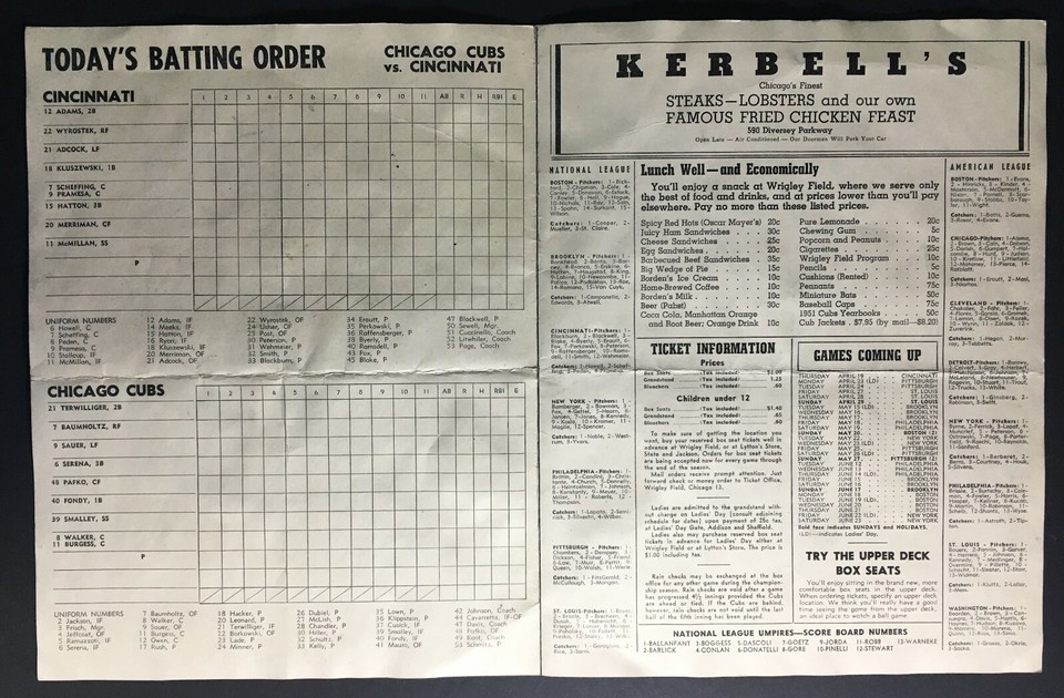 1951 MLB Baseball Wrigley Field Program Chicago Cubs Cincinnati Reds ...
