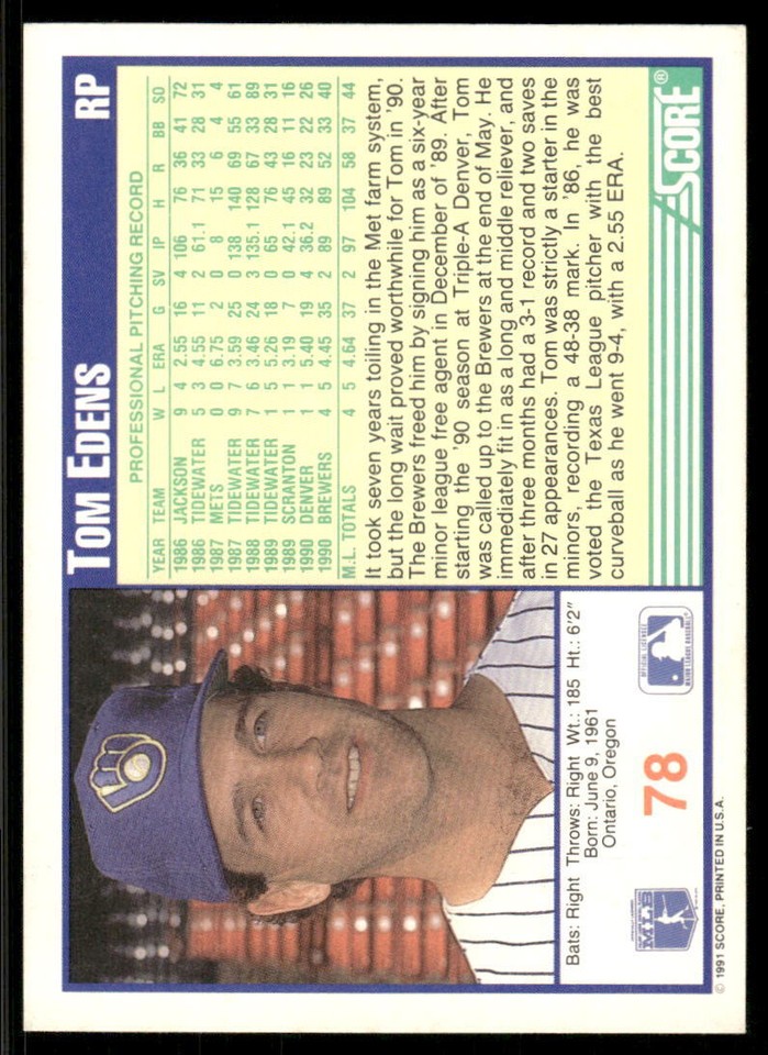 1991 Score #78 Tom Edens | eBay