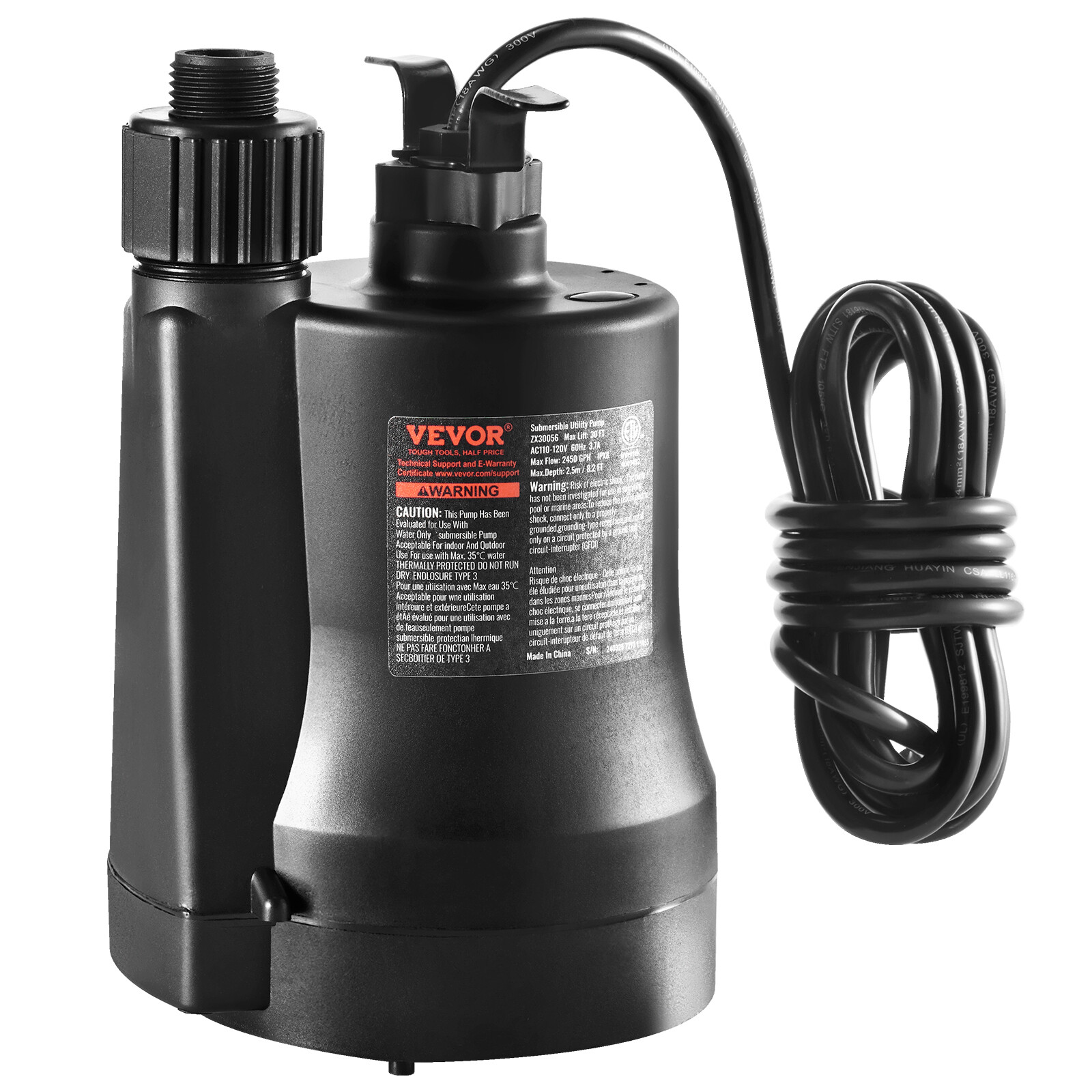 VEVOR Submersible Utility Pump Sump Pump 1/3 HP 2450 GPH 30 ft Head ...