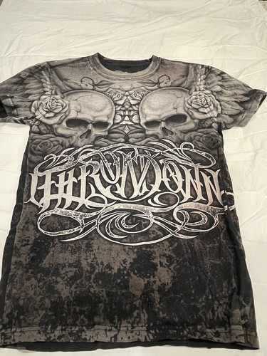 Throwdown Shirt Adult Medium All Over Print AOP Skulls Wings Y2k Grunge ...