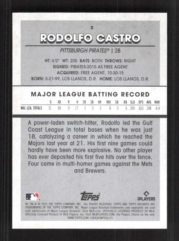 Rodolfo Castro RC 2022 Topps Archives Snapshots Pittsburgh Pirates #2 ...