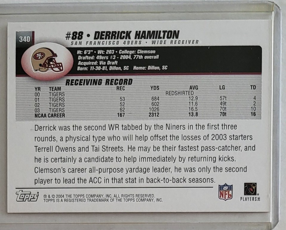 2004 Topps Rookie #340 Derrick Hamilton San Francisco 49ers Football ...