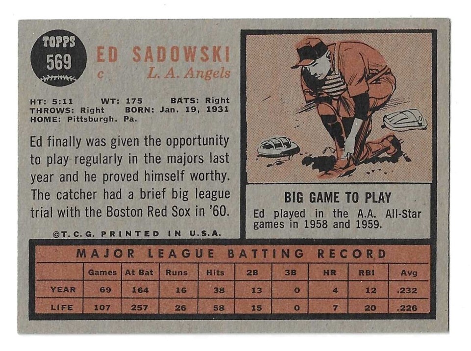 1962 Topps - #569 Ed Sadowski Los Angeles Angels - Near Mint - short ...