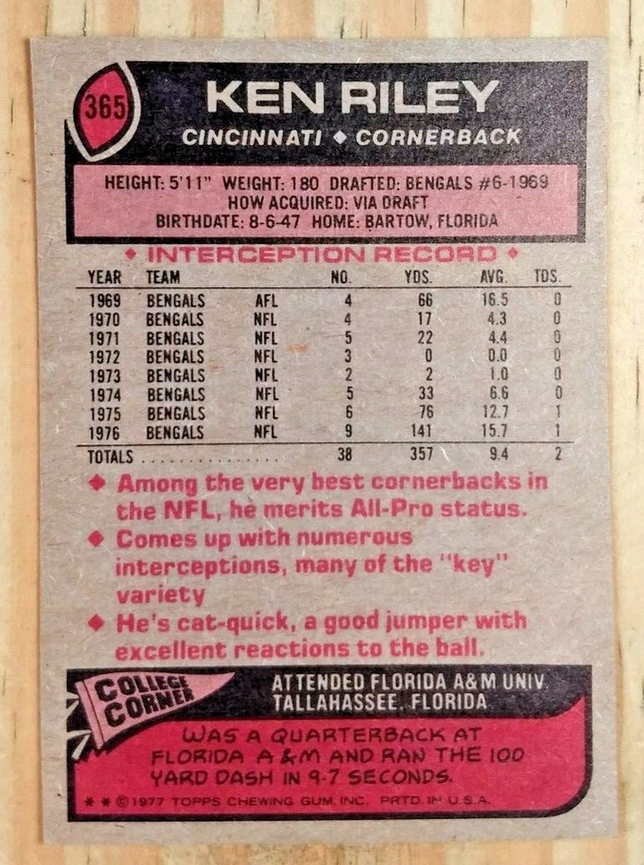 1977 TOPPS KEN RILEY CARD#365 CINCINNATI BENGALS FLORIDA A&M | eBay