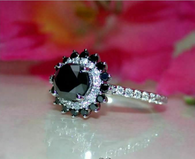 2Ct Round Lab Created Black Diamond Halo Engagement Ring 14K White Gold ...
