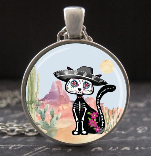 Day of the Dead Necklace Calavera Sugar Skull Kitty Cat Dia de Muertos ...