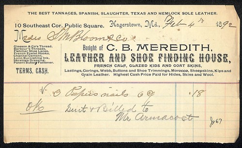 C.B. Meredith Leather Shoes 1892 Billhead S.M. Bloom & Co. Hagerstown ...