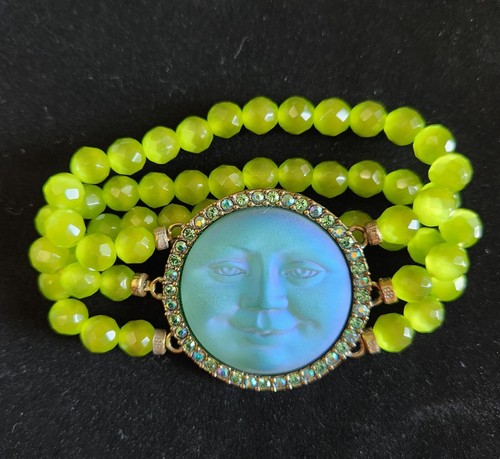Kirks Folly Blue Seaview Moon Face Lucite Bracelet Green Beads Aurora ...