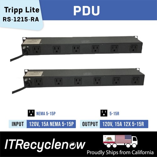 Lot of 2 NEMA 5-15P Power Strip PDU 12x 5-15R 120V 1.8kW Tripp Lite RS ...