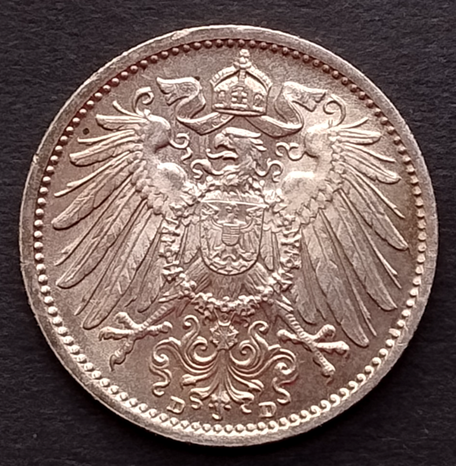 RARE GERMANY EMPIRE 1 MARK SILVER COIN 1915 D - 0.900 SILVER UNC ...