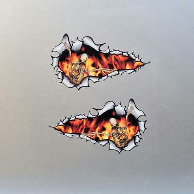 2x Skeleton On Fire Long Ripped Metal Vinyl Sticker Decal For Car ...