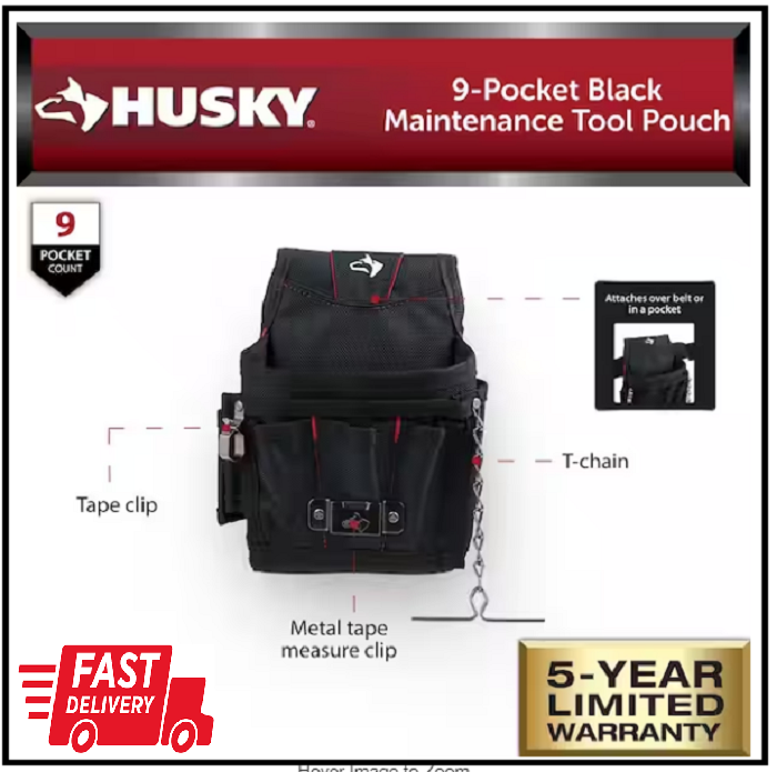 Husky Maintenance Tool Belt Pouch 9-Pocket Polyester Black Back Flap ...