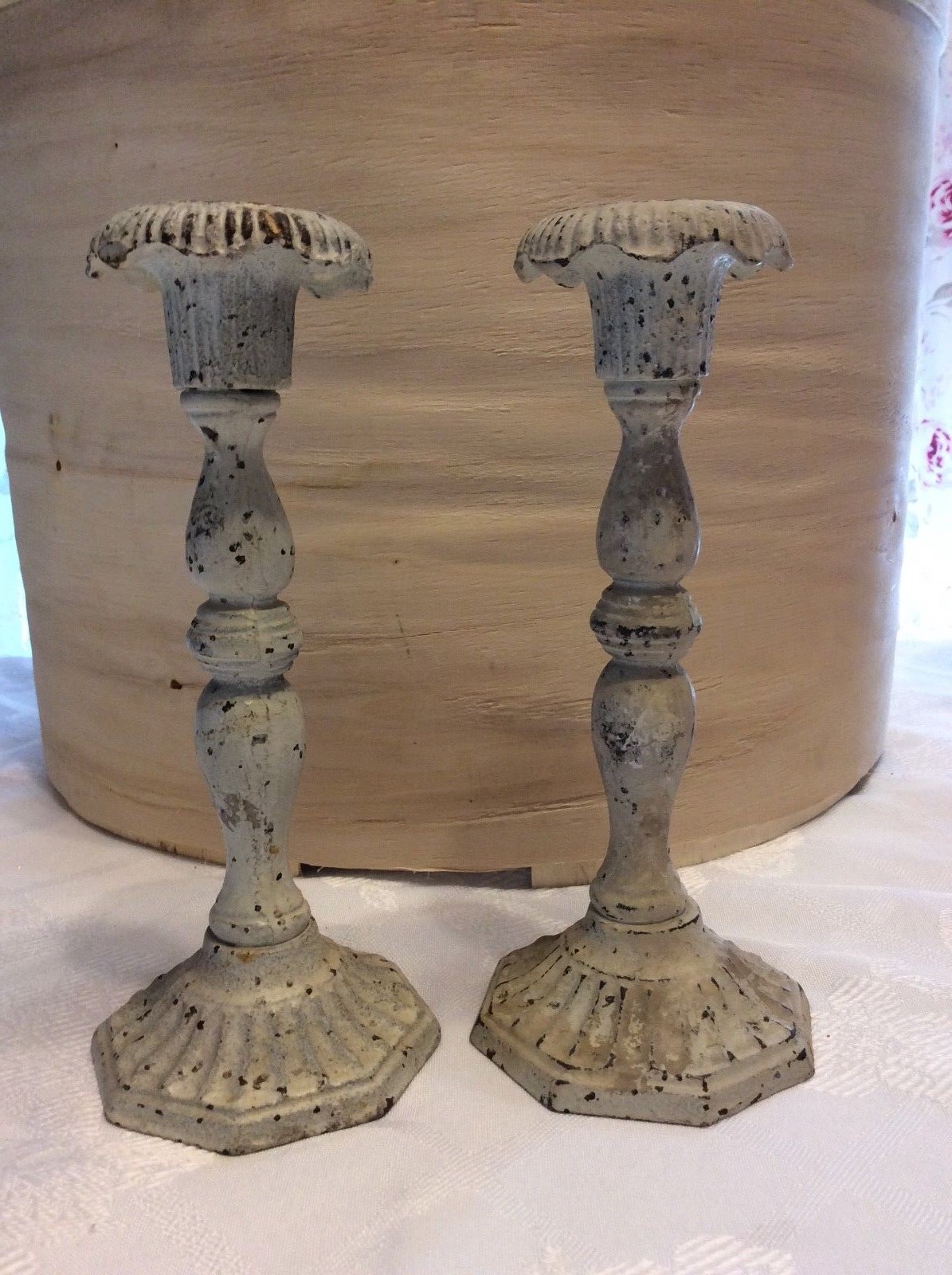 Shabby Vintage Cottage cHic Chippy Paint Iron Garden CandleSticks ...