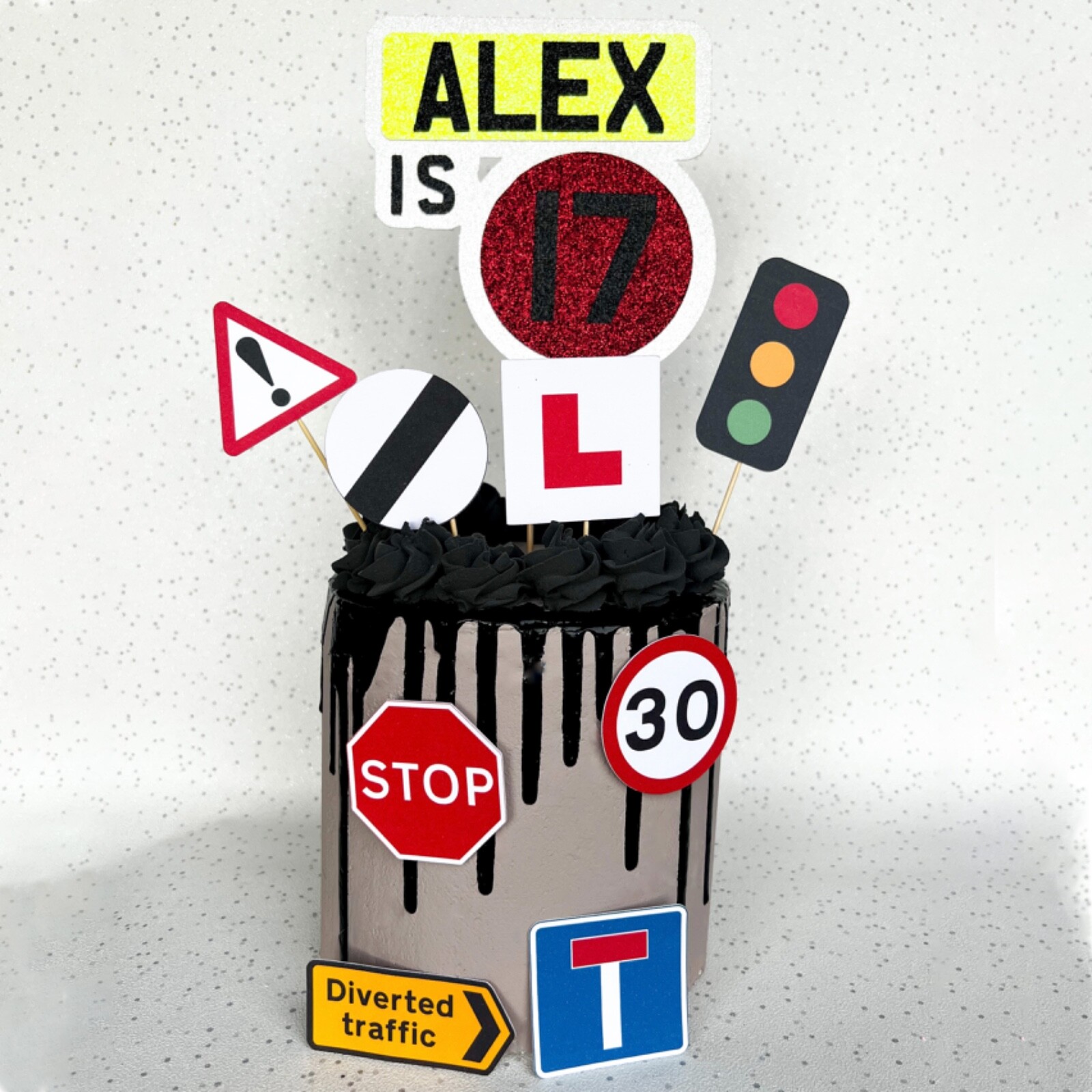 Driving Road Signs Cake Topper Set Personalised Name Age Learner Driver ...