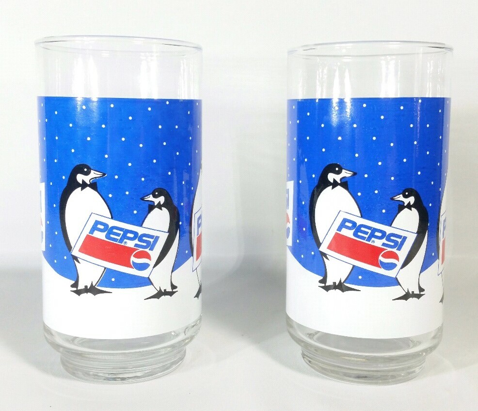 Set Of 2 VTG Pepsi Cola Glass Tumbler Penguins Snow Bowtie Blue Clear ...