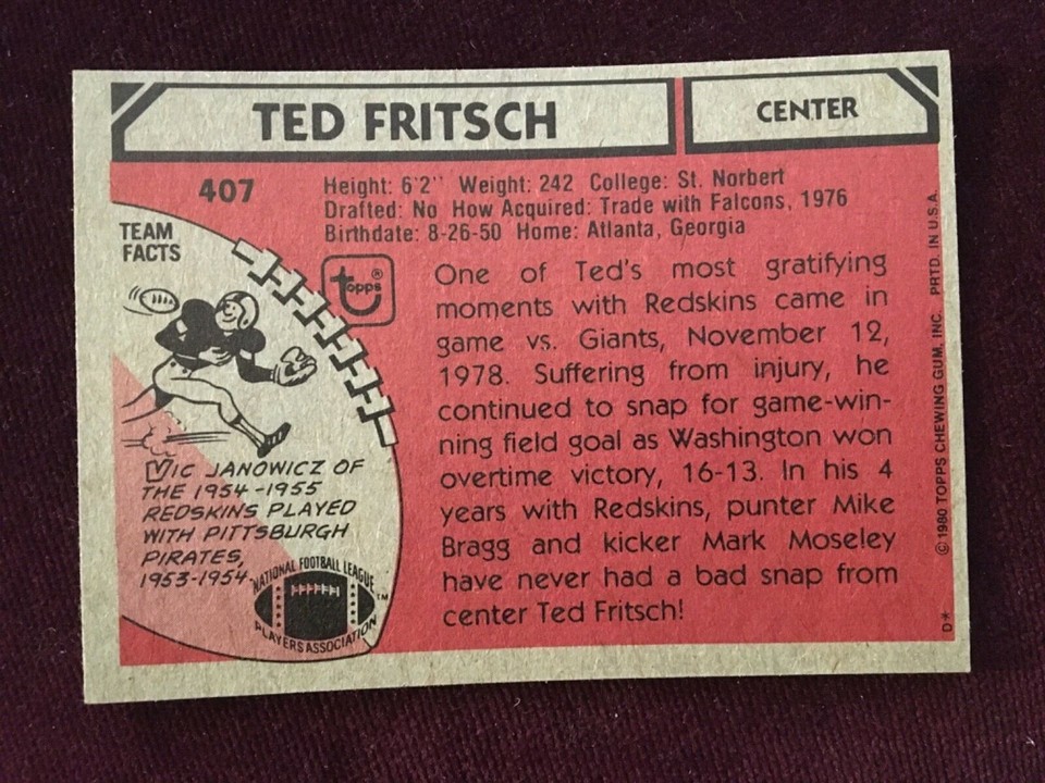 1980 Topps #407 Redskins Ted Fritsch Football Card | eBay