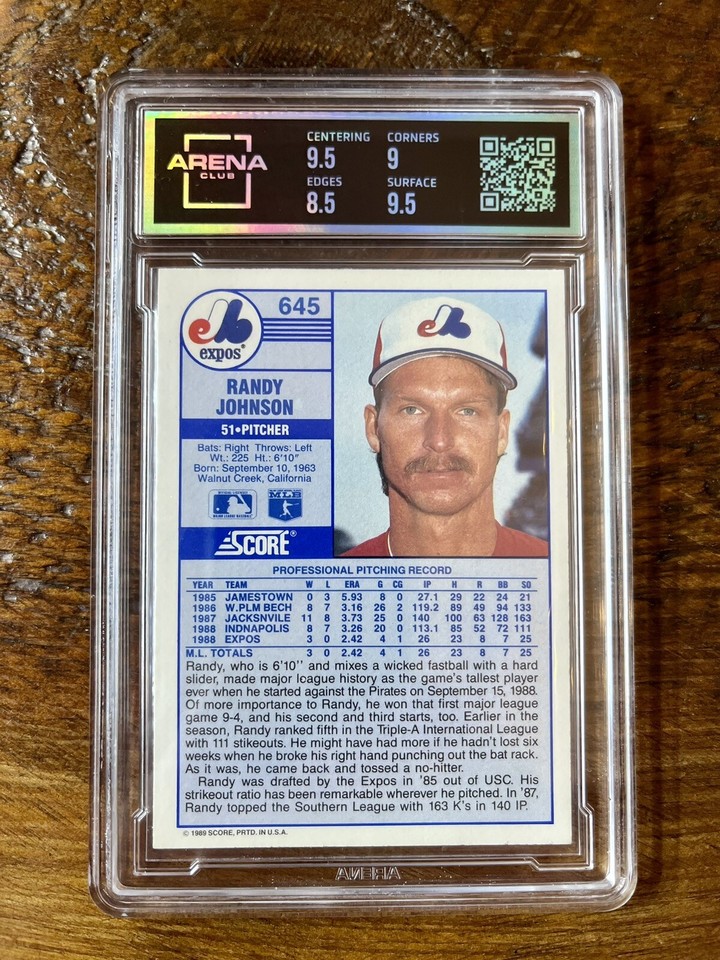 1989 Score Randy Johnson (HOF) (Rookie Card) (#645) ARENA CLUB 9. SCAN ...