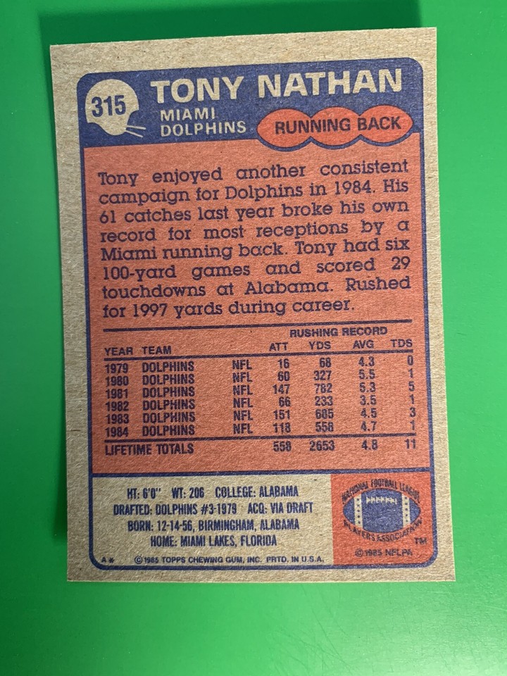 1985 Topps Tony Nathan #315 Miami Dolphins | eBay