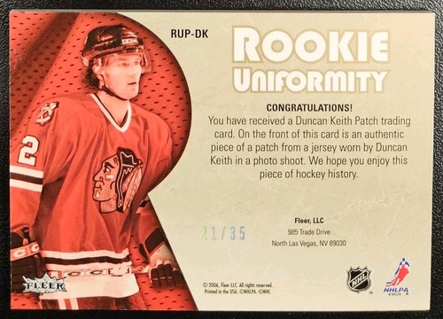 2005-06 FLEER ULTRA DUNCAN KEITH ROOKIE UNIFORMITY 4 COLOR PATCH /35 EX ...