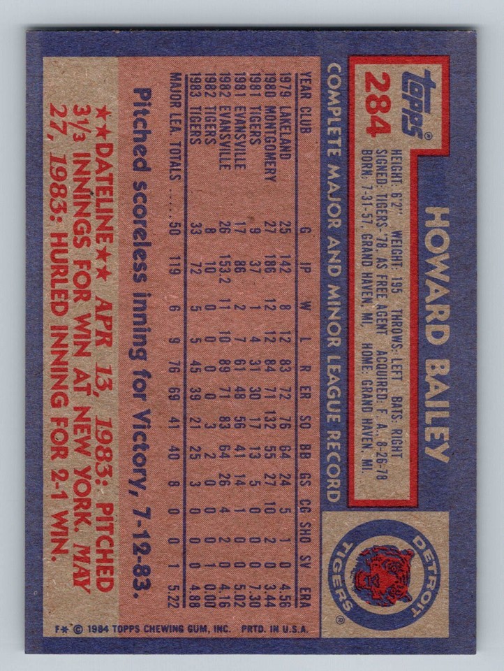 1984 Topps #284 Howard Bailey Detroit Tigers | eBay