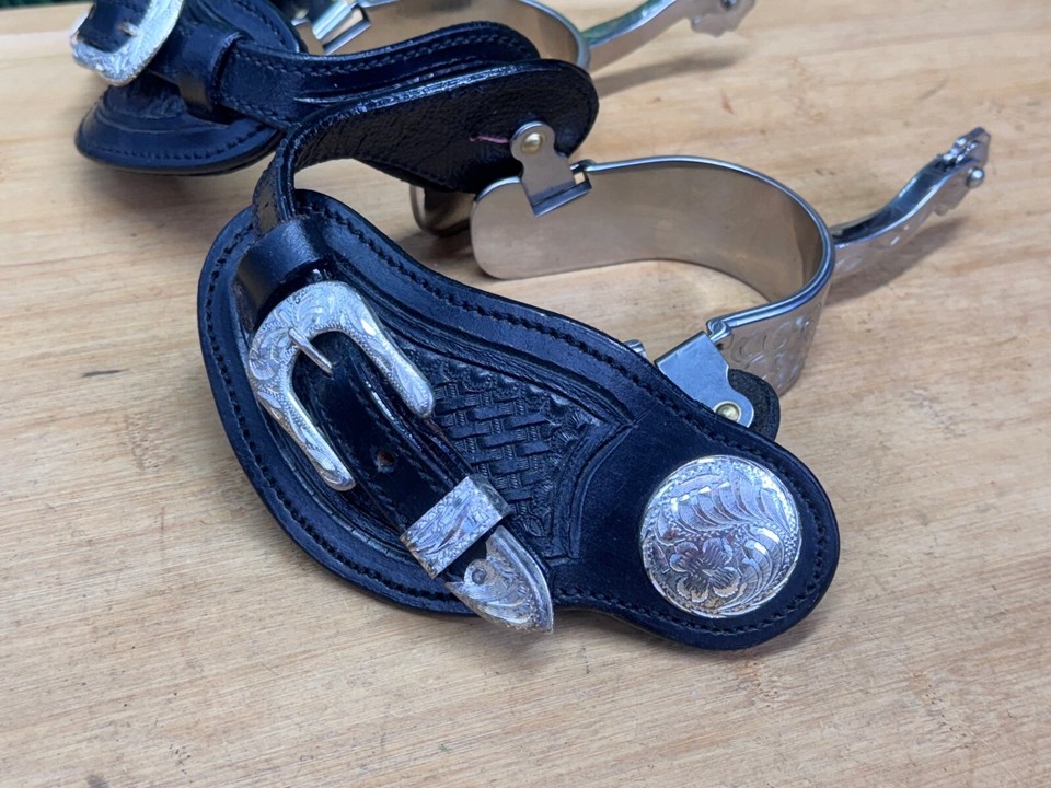 Silver Mounted Long Shank Western Equitation Show Spurs w Black Tooled ...