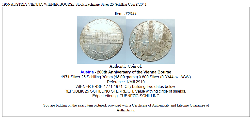 1971 AUSTRIA VIENNA WIENER BOURSE Stock Exchange Silver 25 Schilling ...