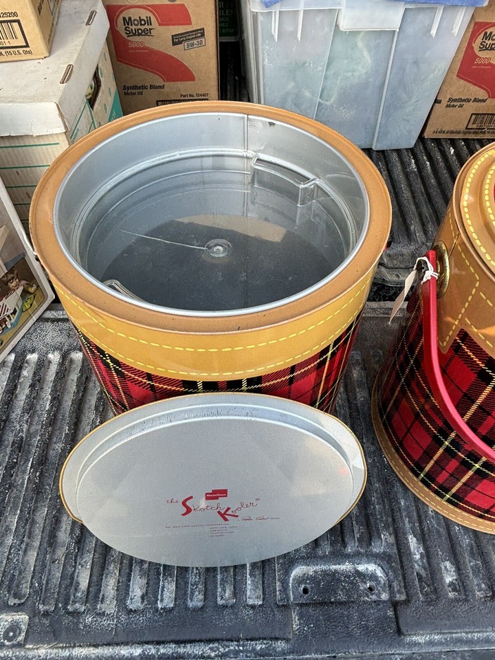 Vintage Hamilton Skotch Large Kooler Red Plaid Metal Cooler Round Metal ...