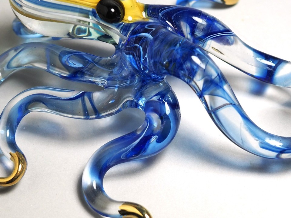 Blue Octopus figurine handmade blown art glass gold trim 4.75" decor ...