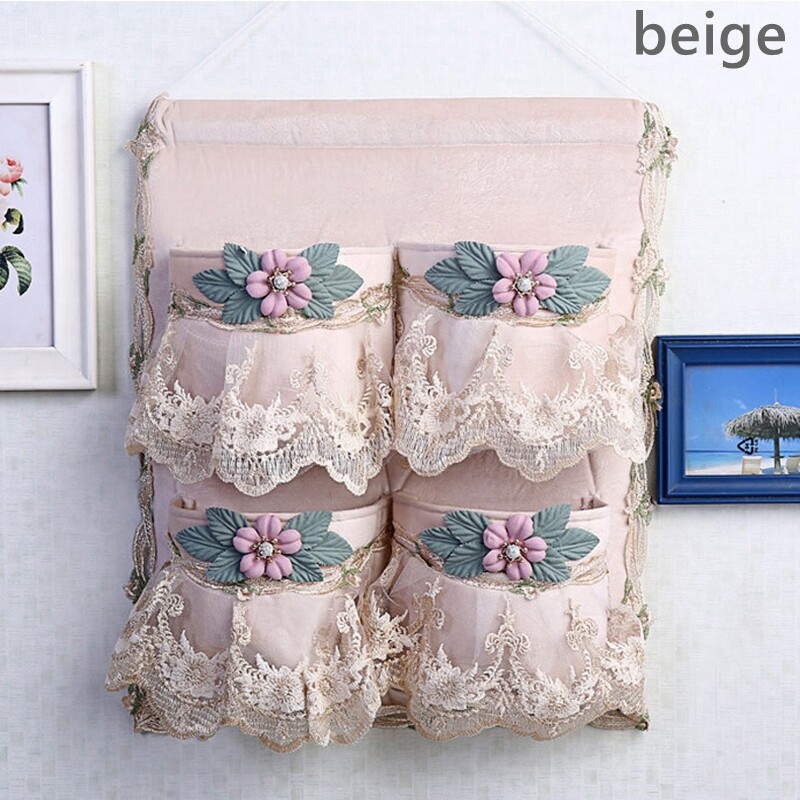 1X Lace Floral Fabric Hanging Storage Bag Sundries Door Wall Dormitory ...