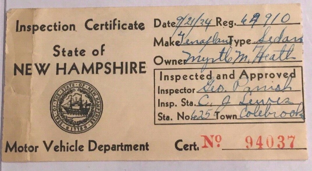 State Of New Hampshire Auto Inspection Certificate - No 94037 1934 | eBay