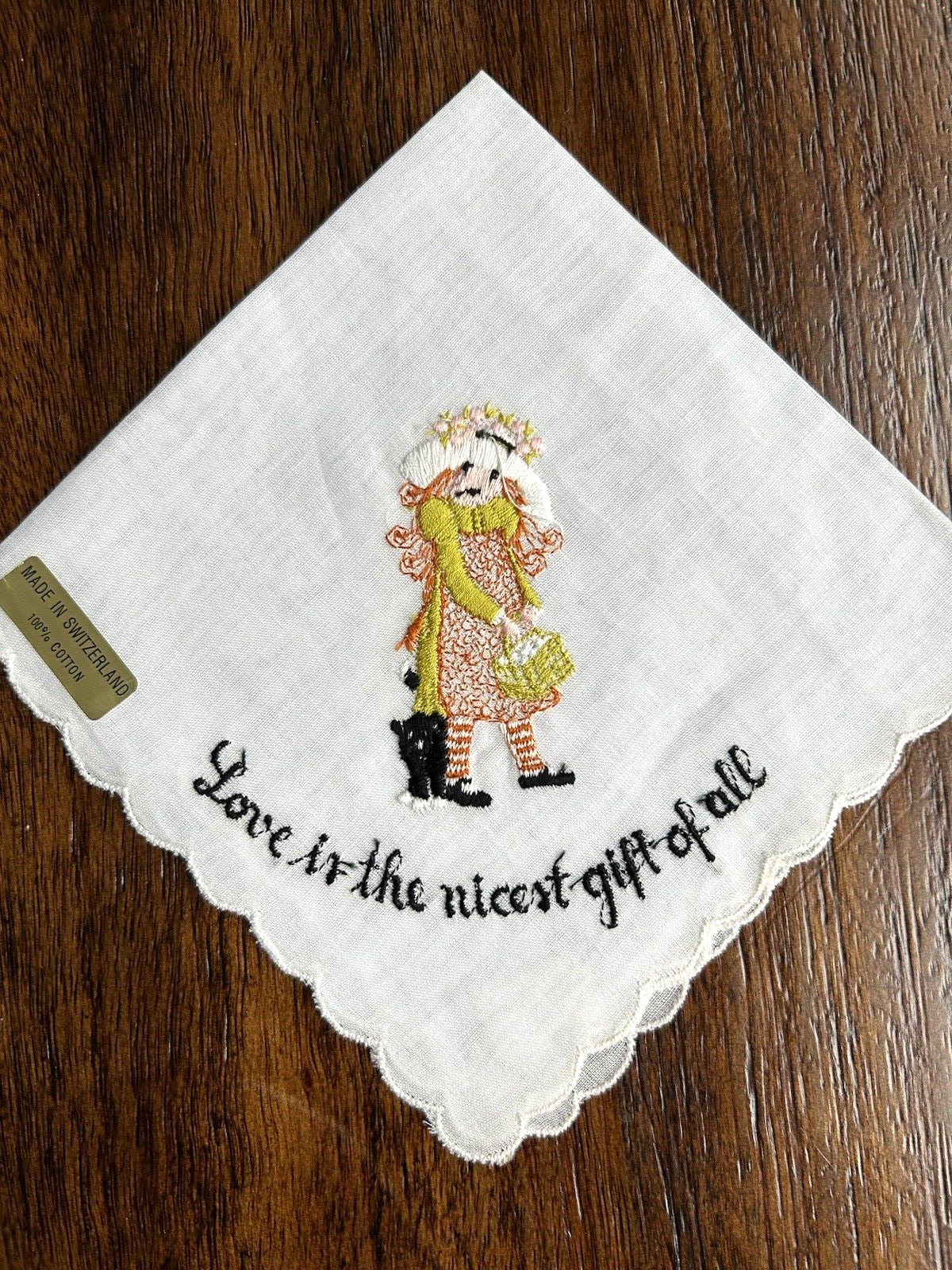 Vintage Handkerchief Hankie Embroidered Girl NWT Love is the Nicest ...