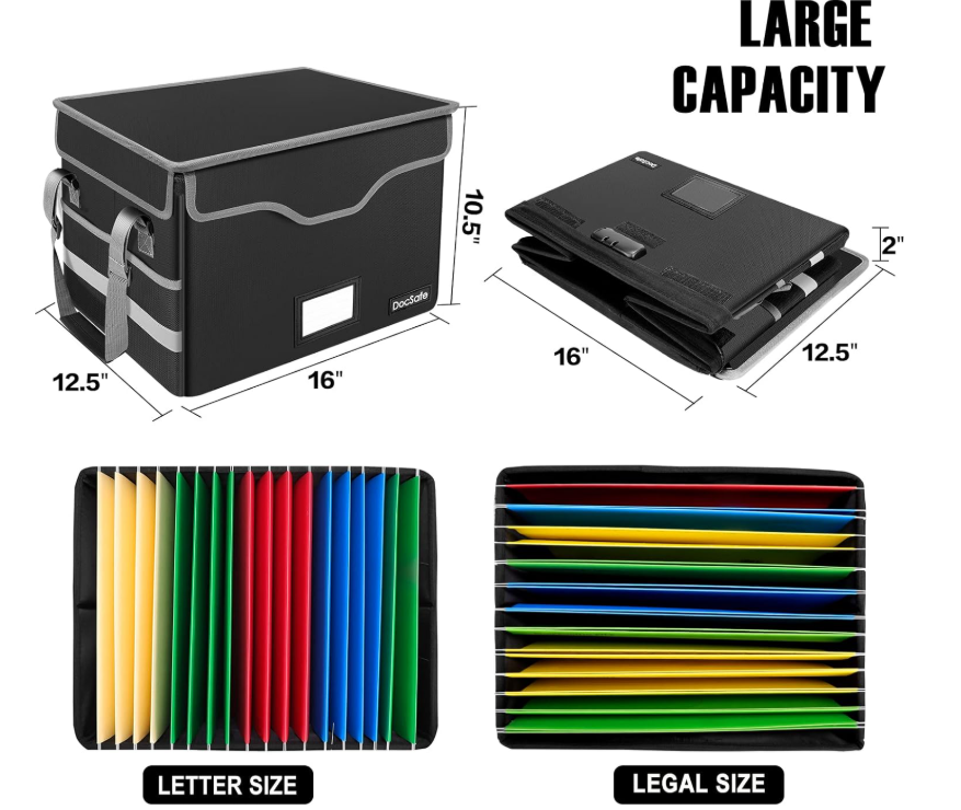 Fireproof Document Box with Lock File Storage Organizer Mesh Pockets ...