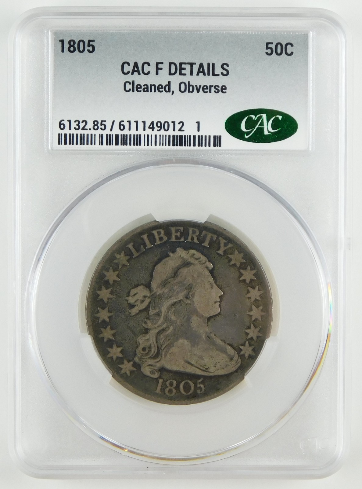 1805 50c Draped Bust Silver Half Dollar CAC F Fine Details Cleaned Coin ...