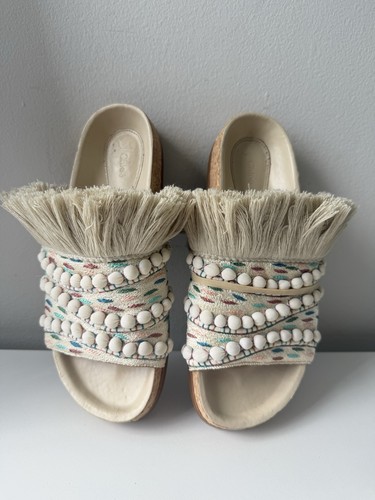 Chloé Nolan Tapestry Fringe Slides Sandals Size 36 Beige Boho Raffia ...