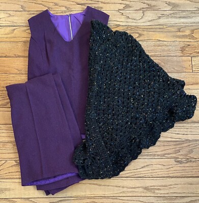 Vintage Women’s 2 Piece Outfit Purple Wool Top And Pants Plus Knit Cape ...
