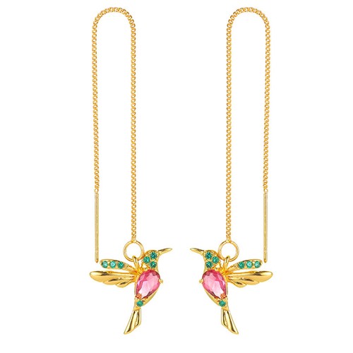 Gold Hummingbird Threader Earrings - Long Bird Earline Fashion Unique ...