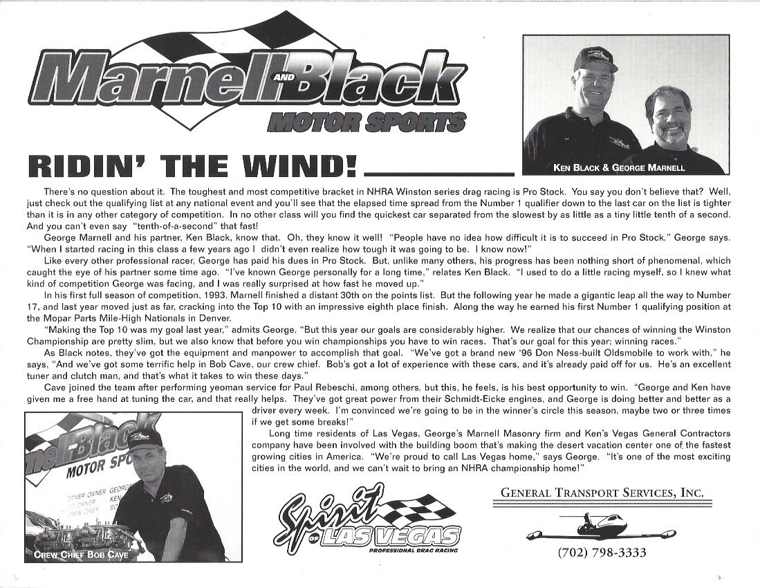 George Marnell/Marnell & Black Oldsmobile NHRA Pro Stock Handout/Hero ...