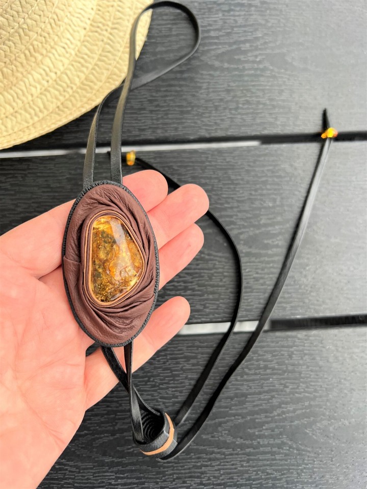 Amber Bolo Tie with genuine Leather. Western Necklace. 100% Cowboy Bolo ...