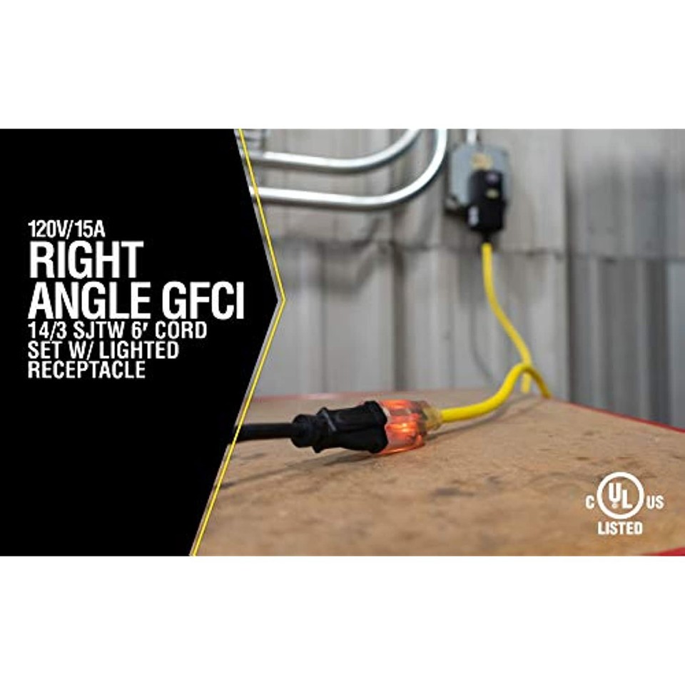 Yellow Jacket 2879 120V/15A Right Angle GFCI 14/3 SJTW 6 Cord Set with ...