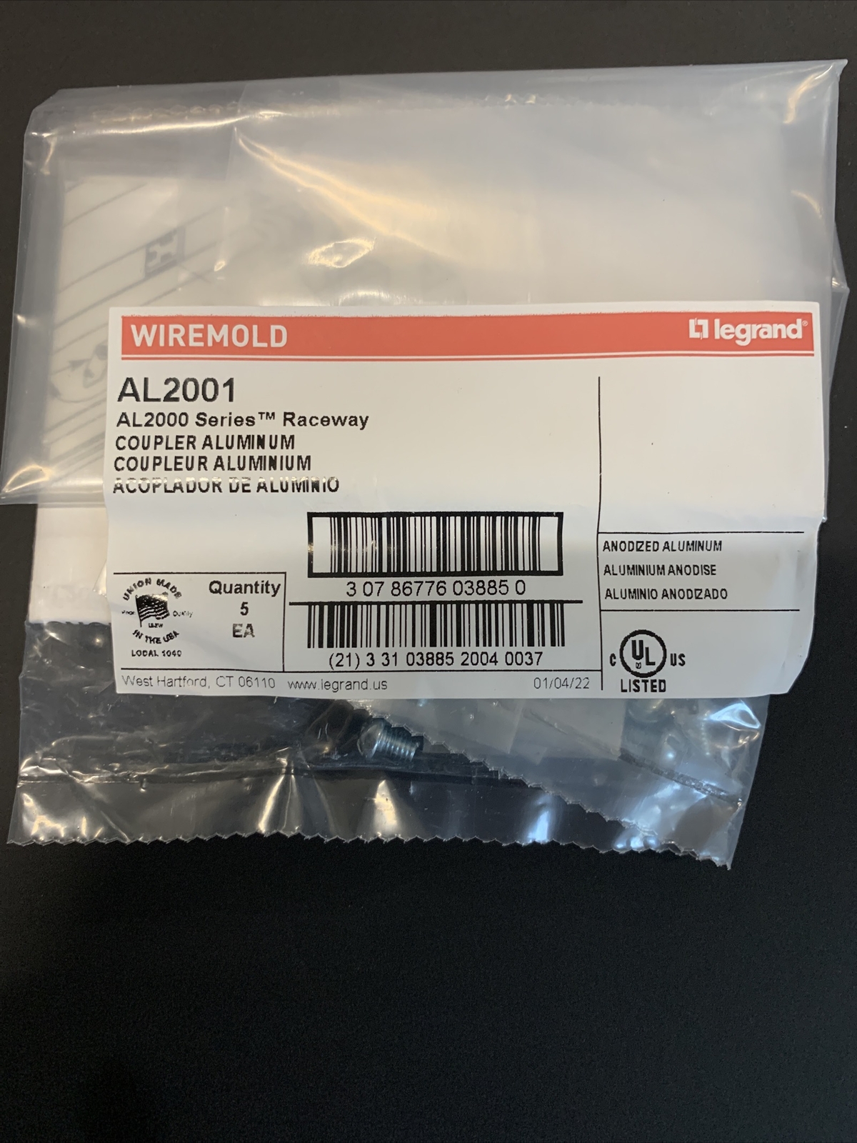 Wiremold AL2001 AL2000 Series Aluminum Coupler Pack of 5 for sale ...