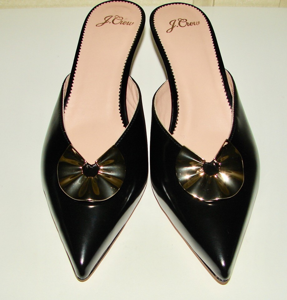 NIB J Crew size 8 black leather v-cut heels mules w/brooch #AB094 | eBay
