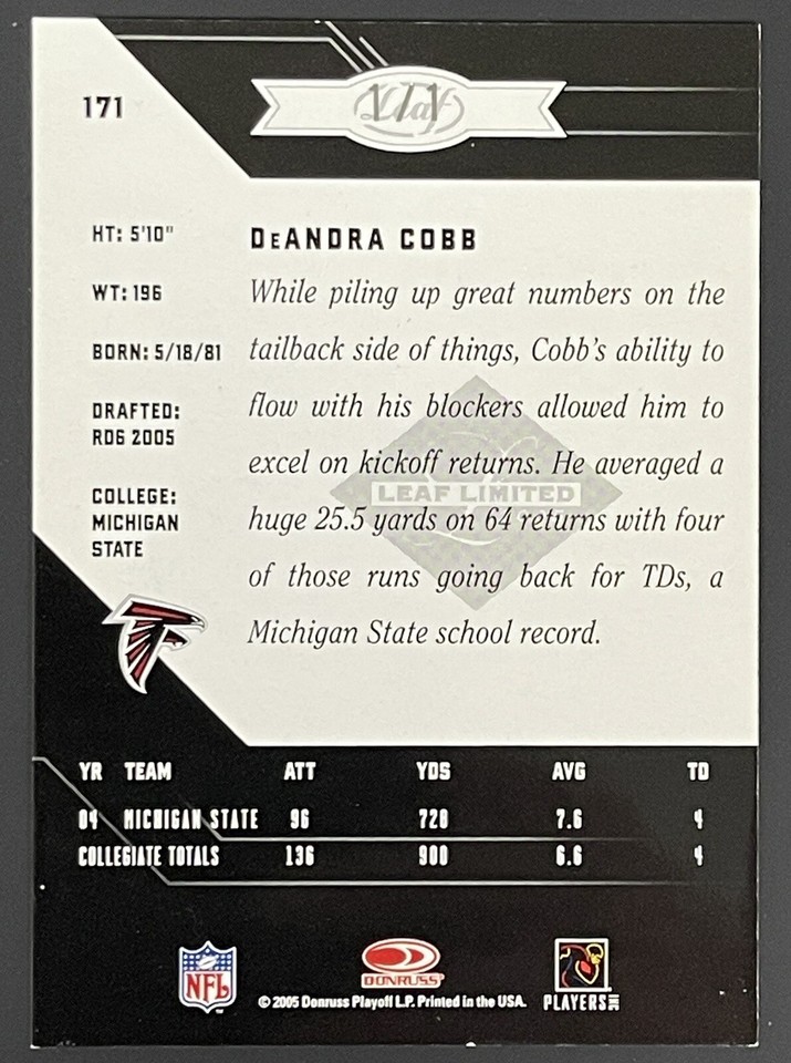 2005 Leaf Limited DEANDRA COBB Platinum Spotlight #171 Atlanta Falcons ...
