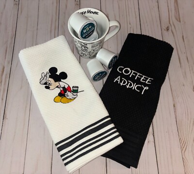Disney Mickey Mouse Embroidered Kitchen Tea Towels Coffee Addict ...